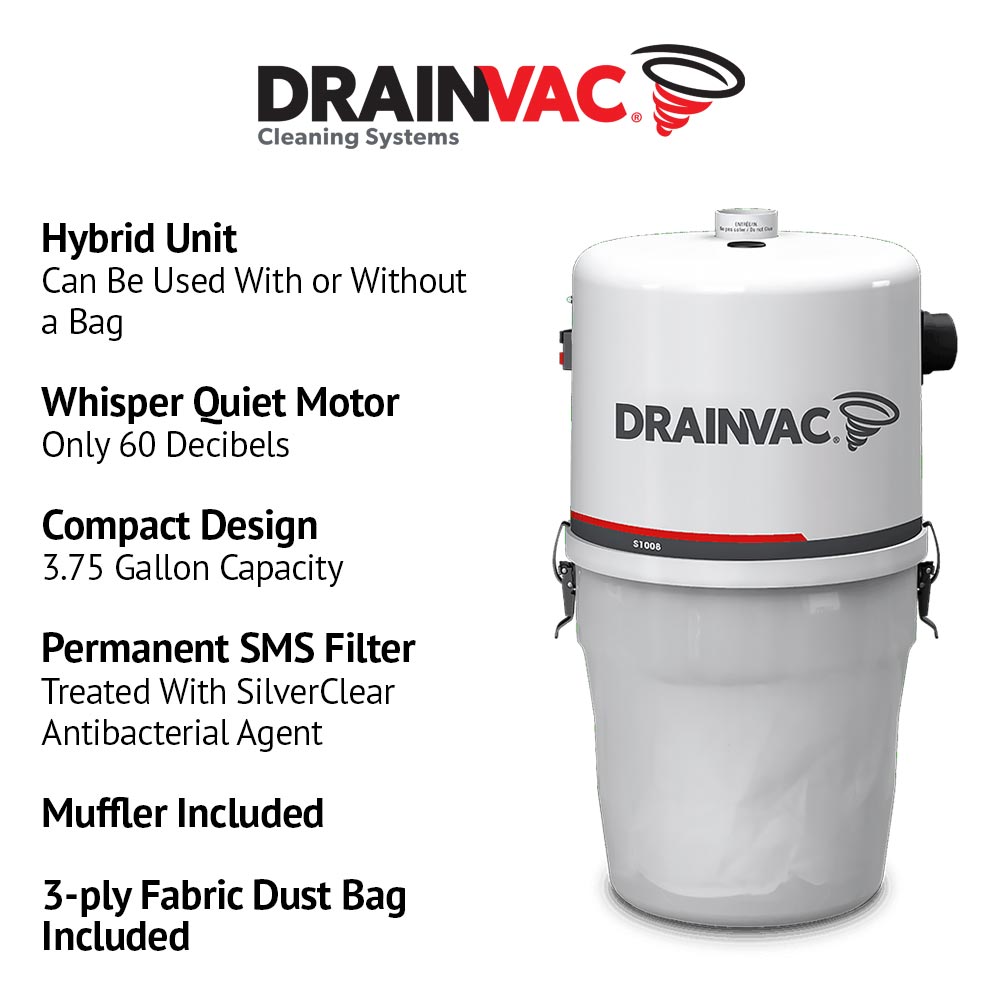 Drainvac S1008-M Central Vacuum System (w FREE Muffler & Exhaust Vent)