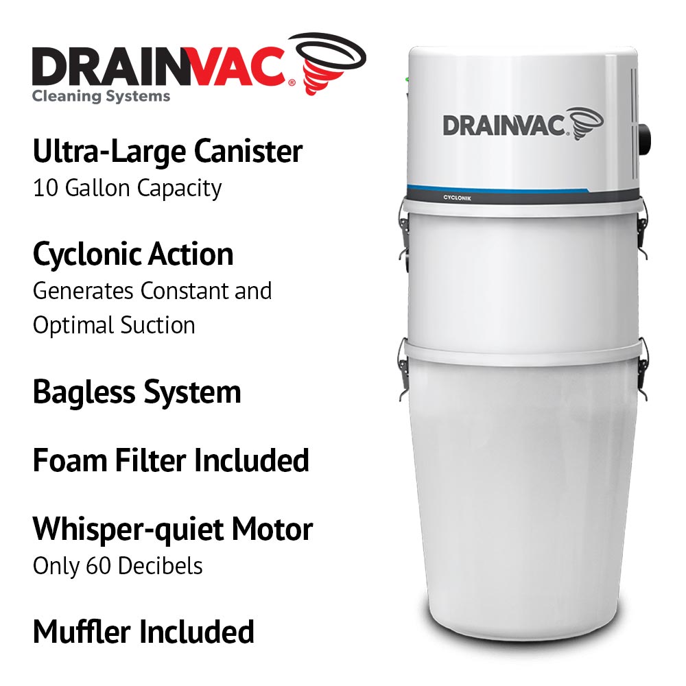 Drainvac DV1R800 10 Gal Whisper Quiet Bagless Cyclonic Central Vacuum
