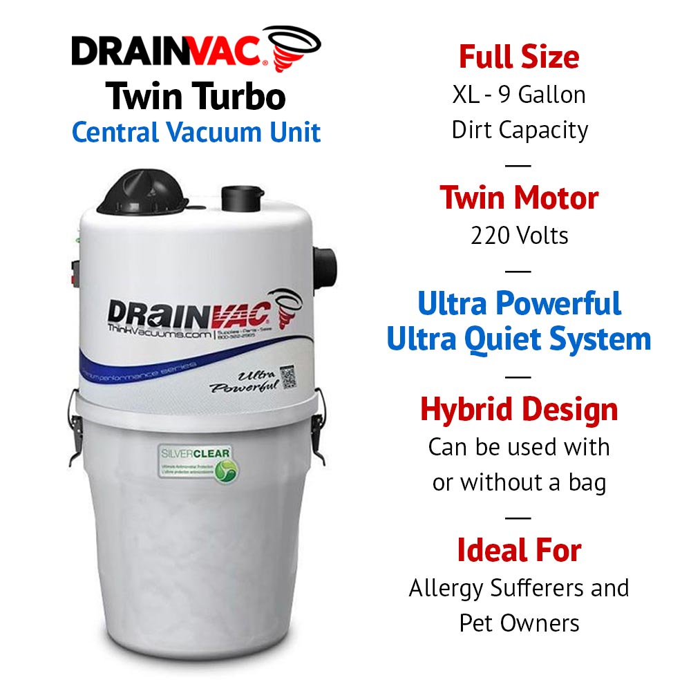 Drainvac Twin Turbo Central Vacuum And Bare Floor Combo Kit